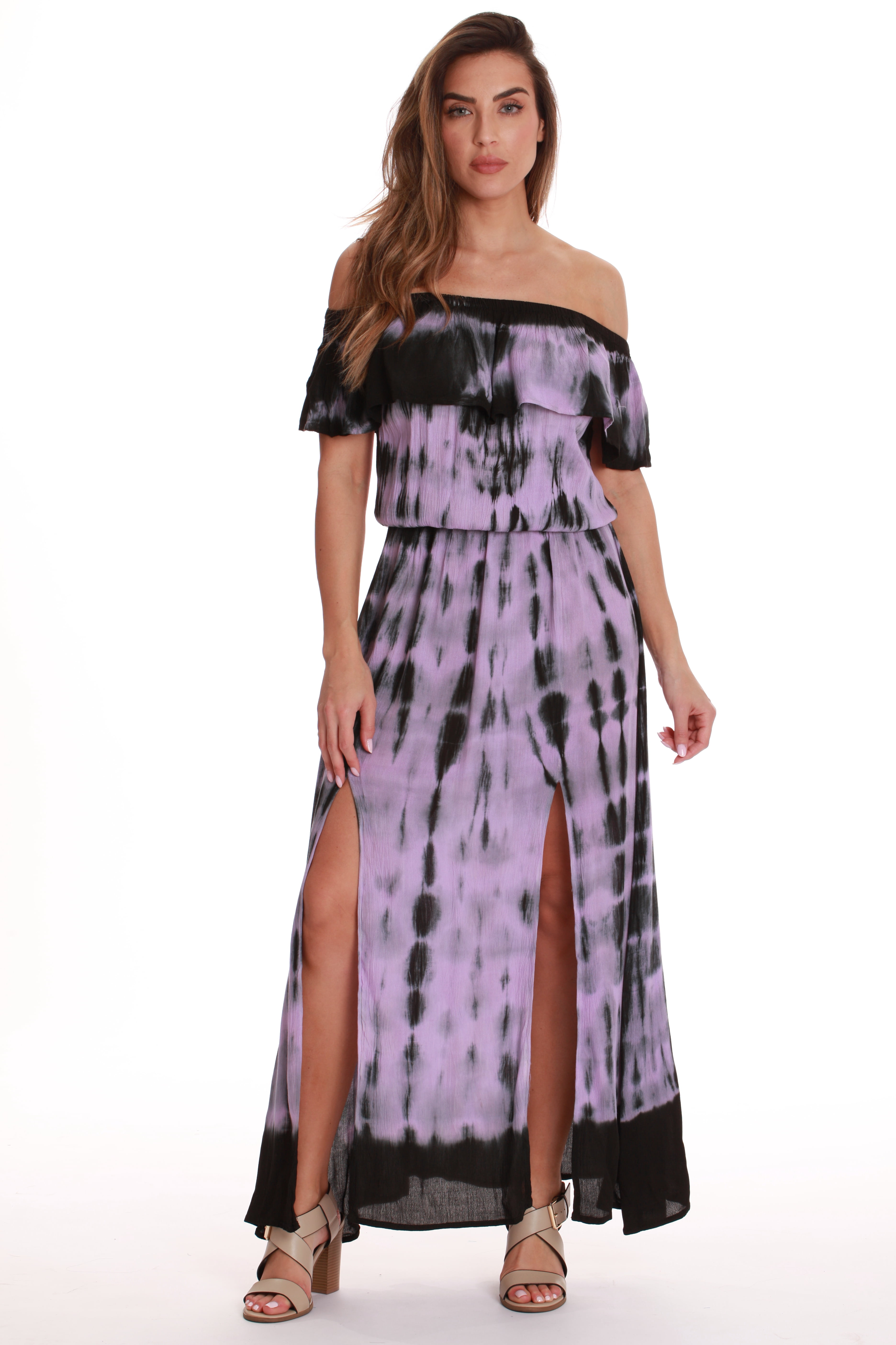 Riviera Sun Tie Dye Off Shoulder Maxi Sundress (Lilac, 1X) - Walmart.com