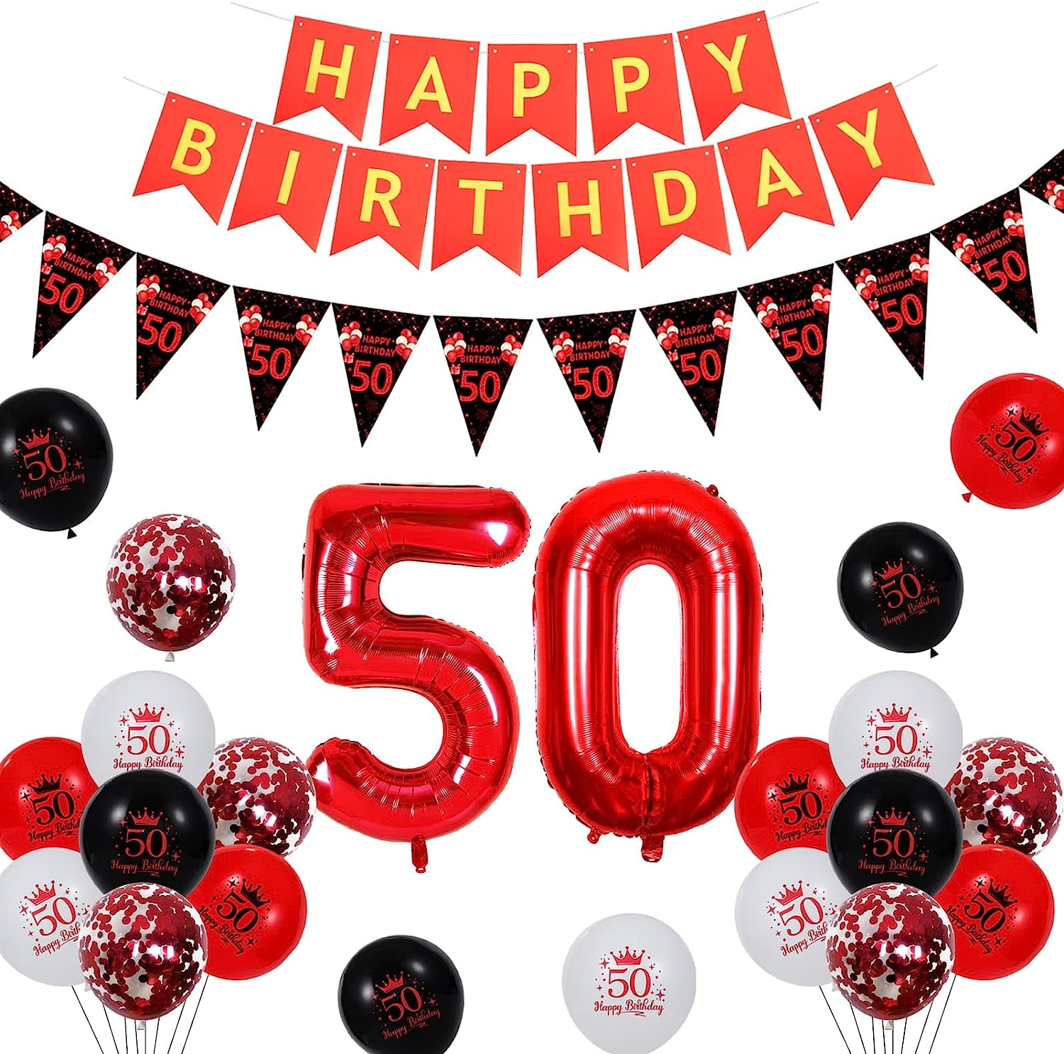 50th Birthday Decorations Red and Black, Glitter 50th Birthday Bunting ...