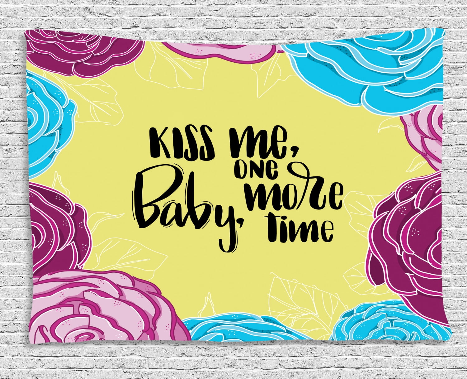Kiss Me Tapestry, Romantic Quote with Floral Frame Hand Drawn ...