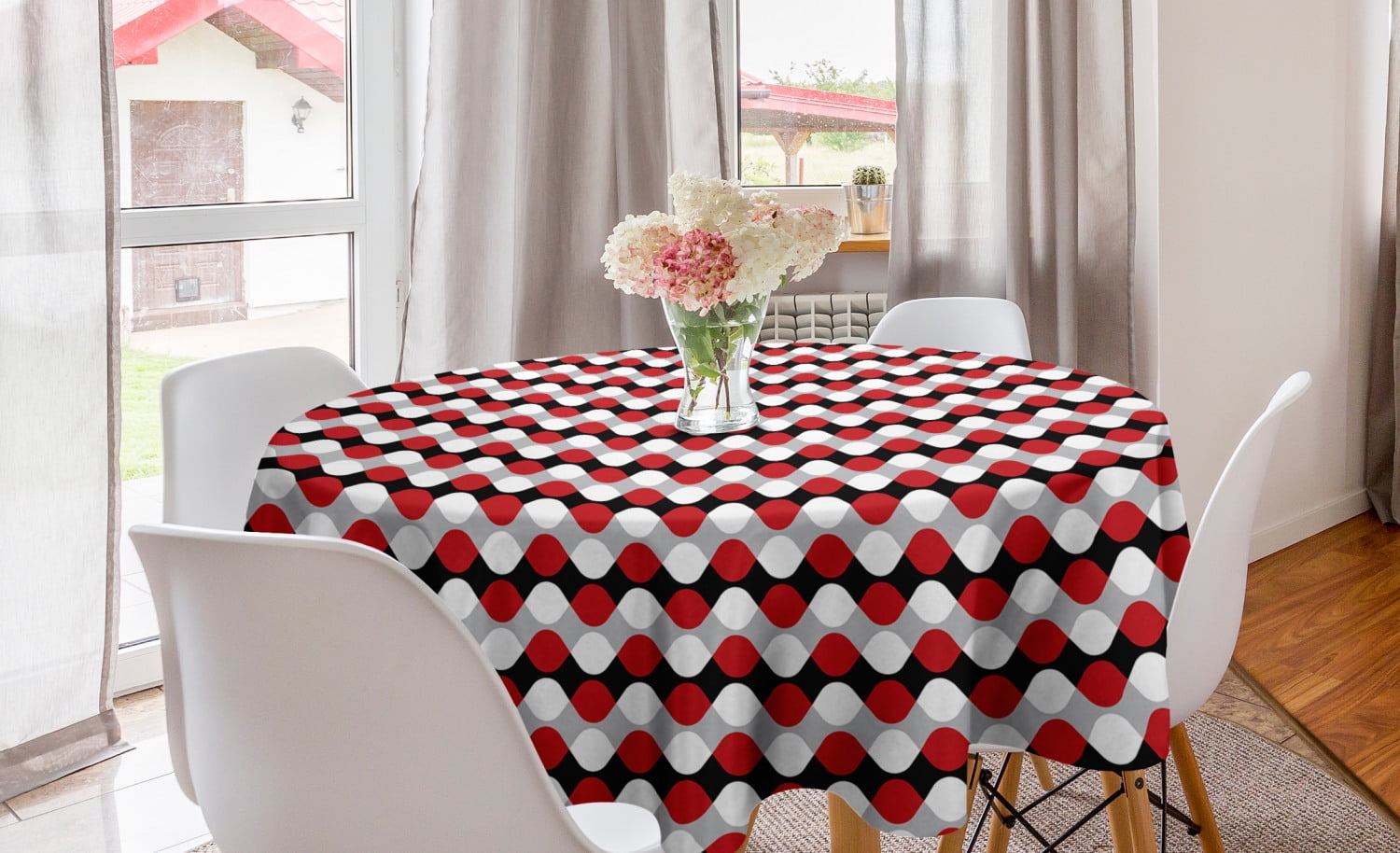 Geometric Round Tablecloth, Curved Lines with Bicolor Oval Shapes ...