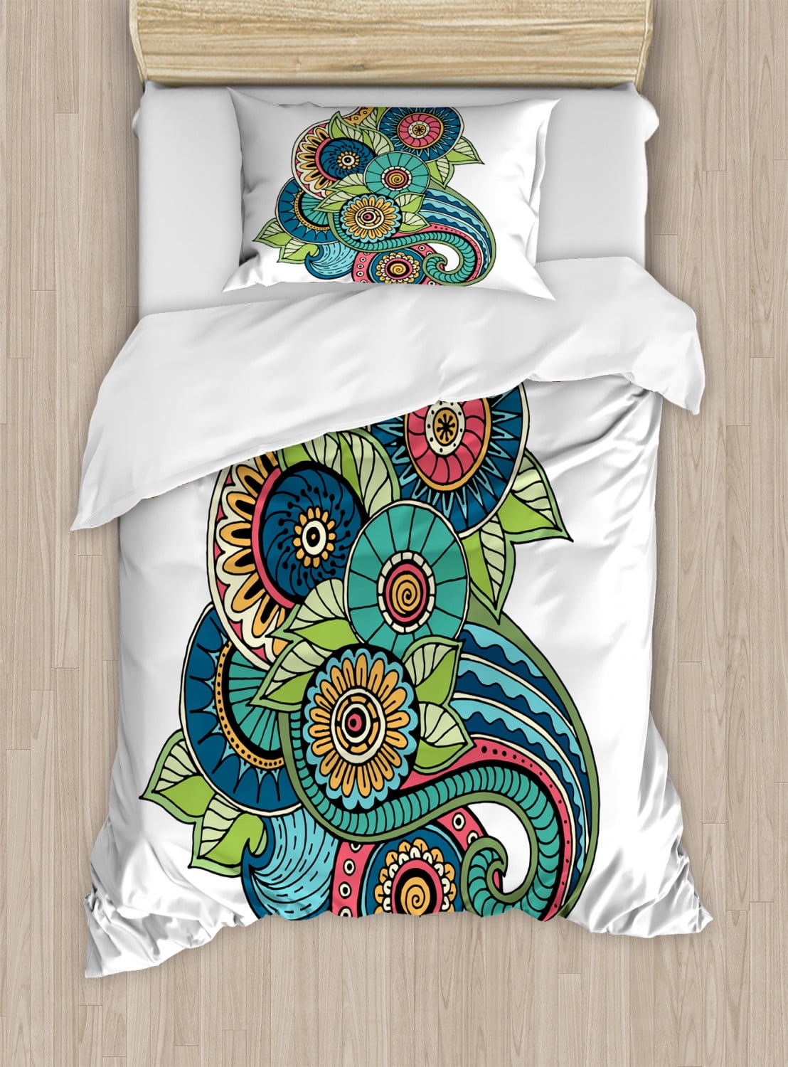Doodle Twin Size Duvet Cover Set, Ethnic Floral Zentangle Pattern with ...