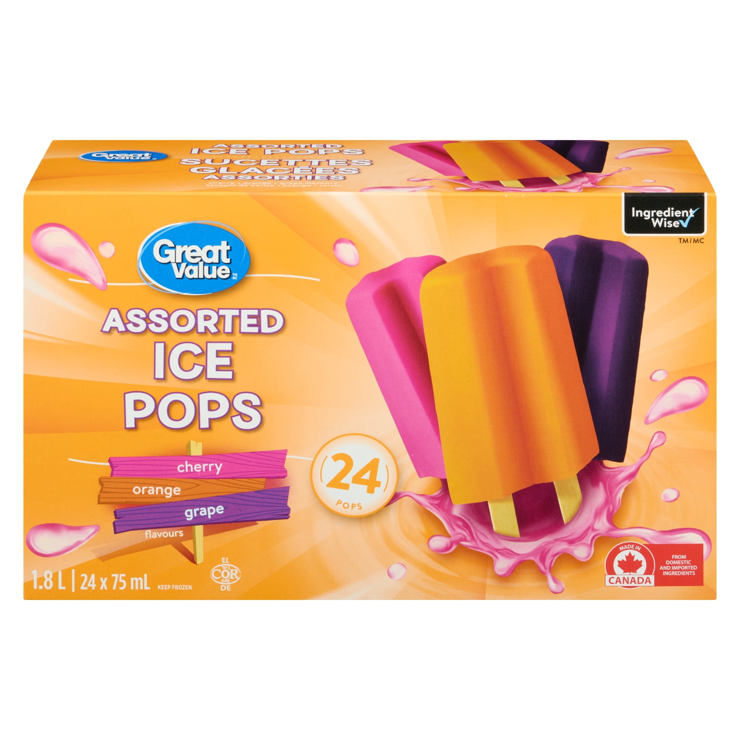Great Value Assorted Ice Pops packaged in a Box, 24 x 75 mL (1.8L ...
