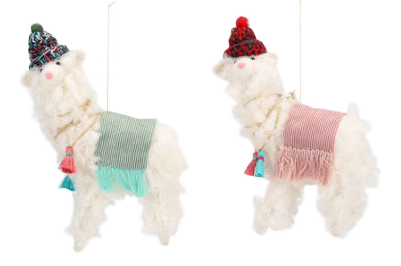 Wooly Llamas with Hats Christmas Holiday Ornaments Set of 2 Wool 7.5 ...