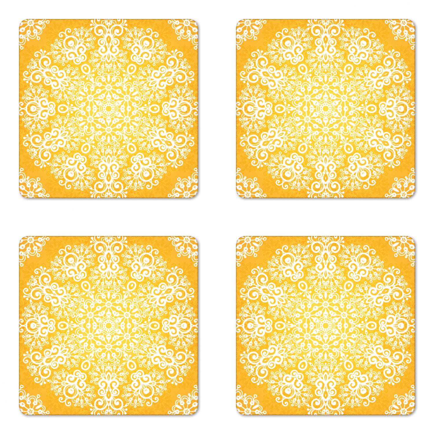 Yellow Coaster Set of 4, Snowflake Like Floral Pattern Design with ...