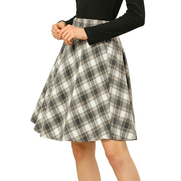 Unique Bargains Womens Plaids Elastic Waist Knee Length Vintage A
