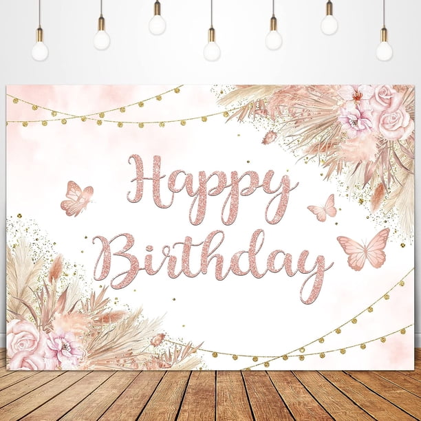 Boho Happy Birthday Backdrop for Women 7Wx5H Feet Pink Floral Blush ...