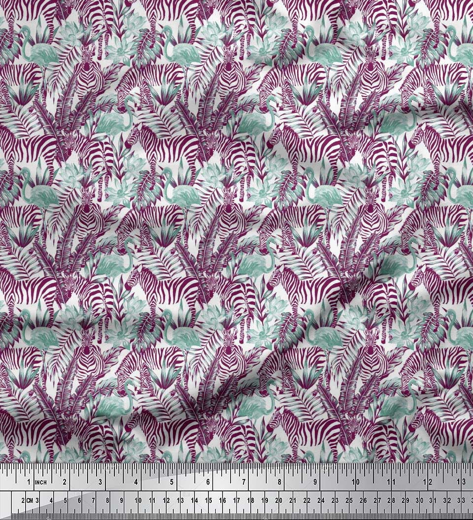 Soimoi Pink Japan Crepe Satin Fabric Tropical Leaves,Flamingo & Wild ...