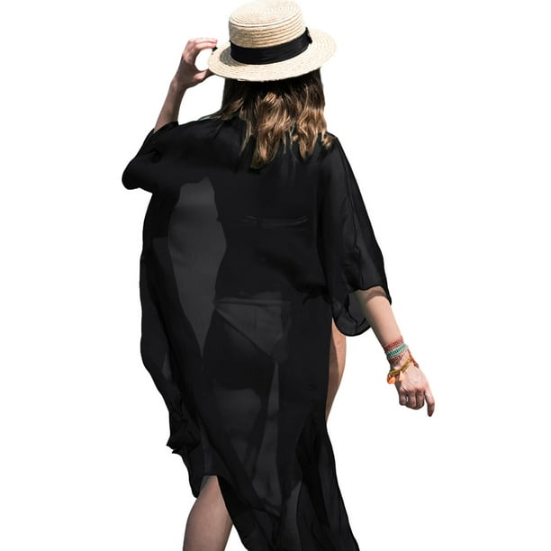 wsevypo Women's Chiffon Kimono Cardigan Cover Up with Half Sleeve ...