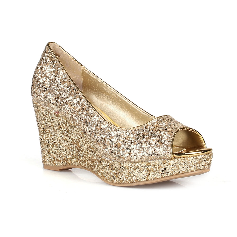 Gold Glitter Low Wedges