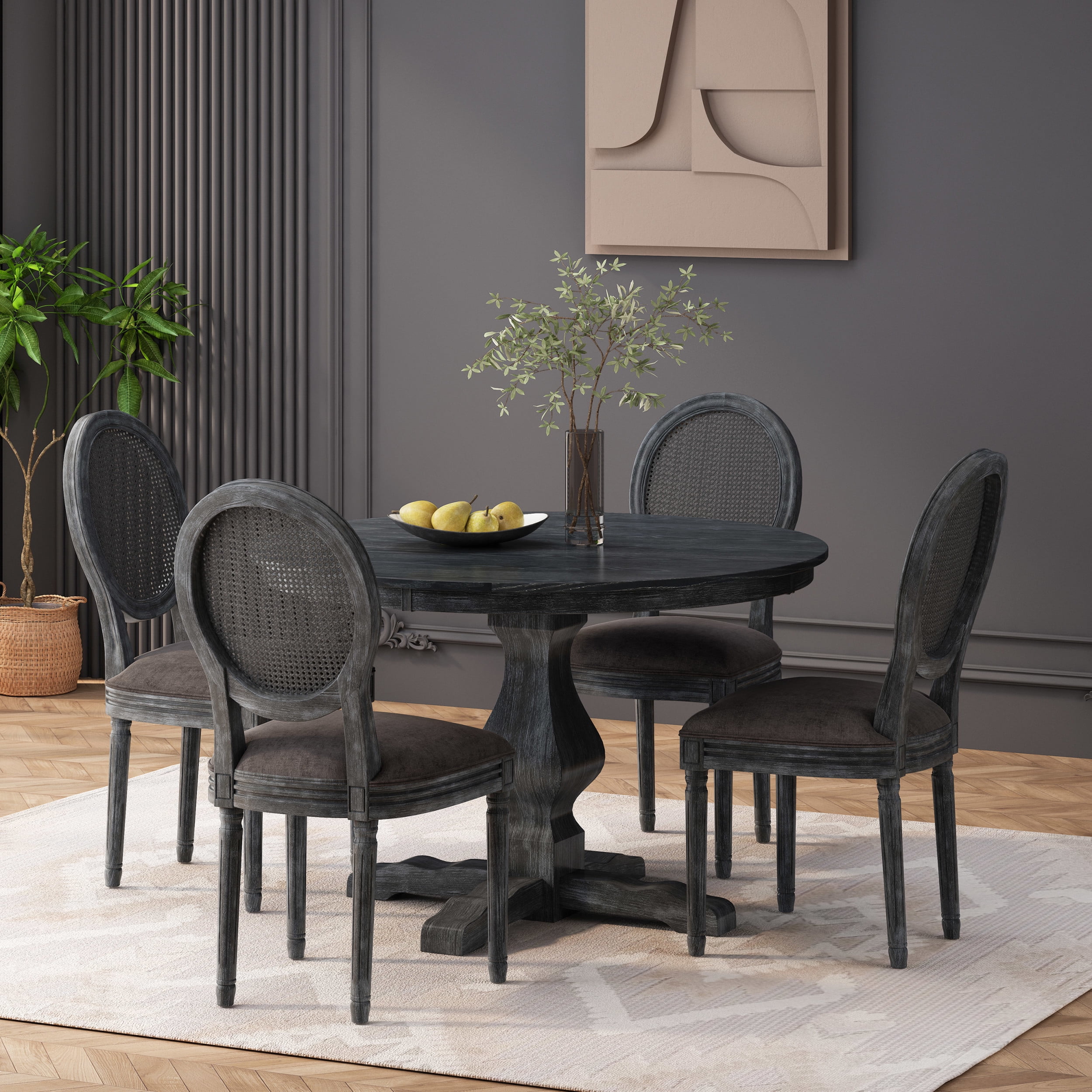 Noble House Joretta Fabric Upholstered Wood and Rattan 5 Piece Circular ...