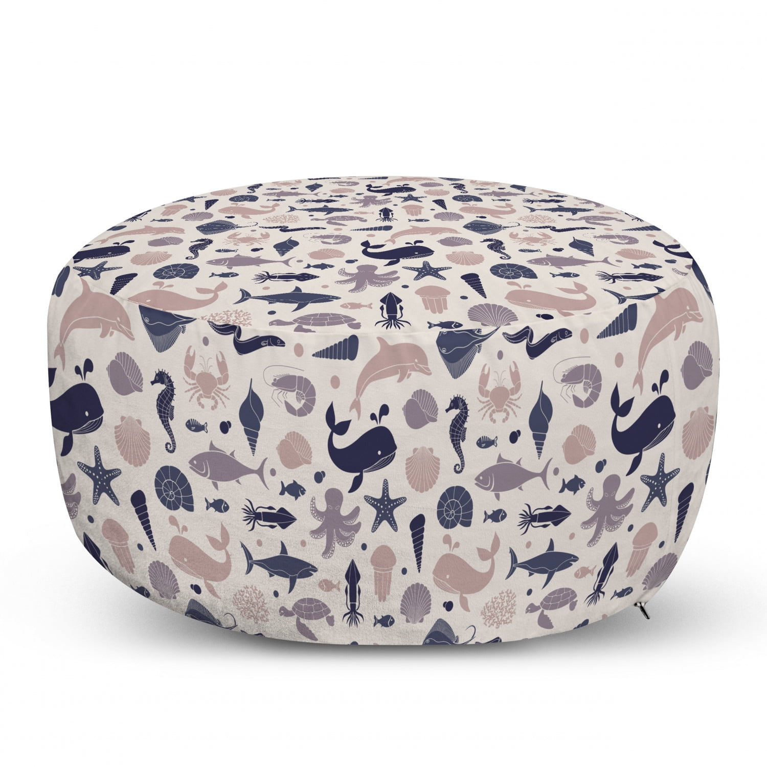 Nautical Pouf Cover with Zipper, Sea Life Pattern with Whale Fish ...