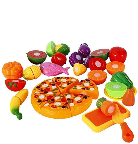24 pcs Pretend Food Playset, Plastic Kitchen Cutting Fruits and ...