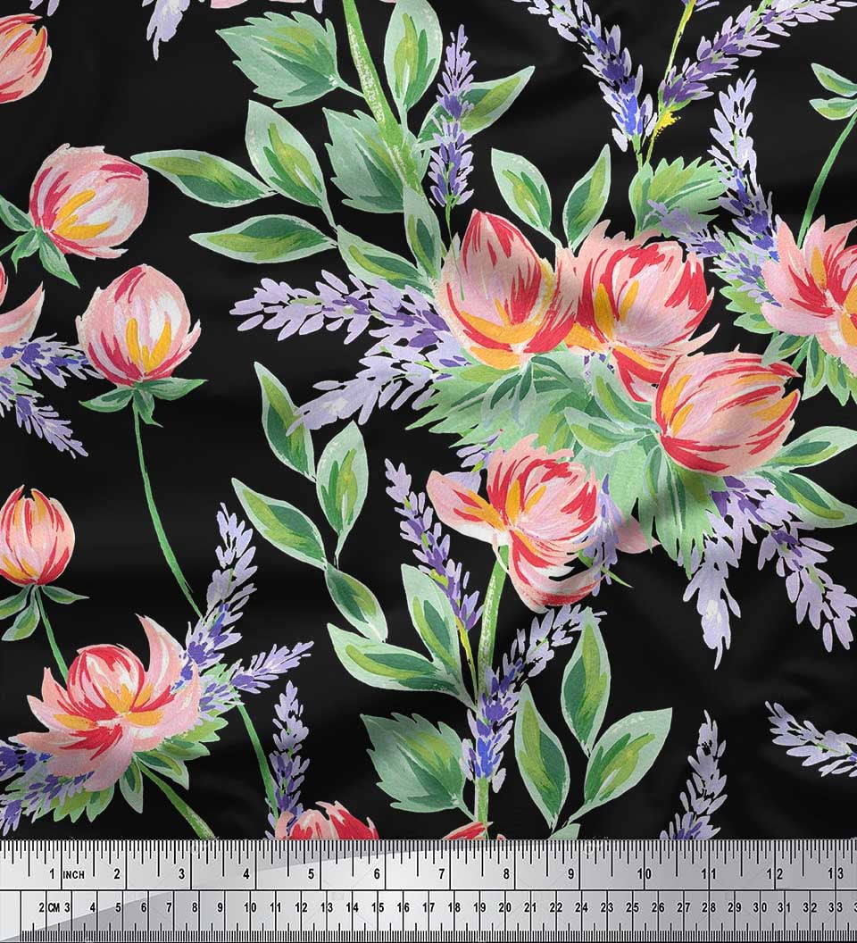 Soimoi polyester Crepe Fabric Leaves & Lotus Flower Print Fabric by the ...