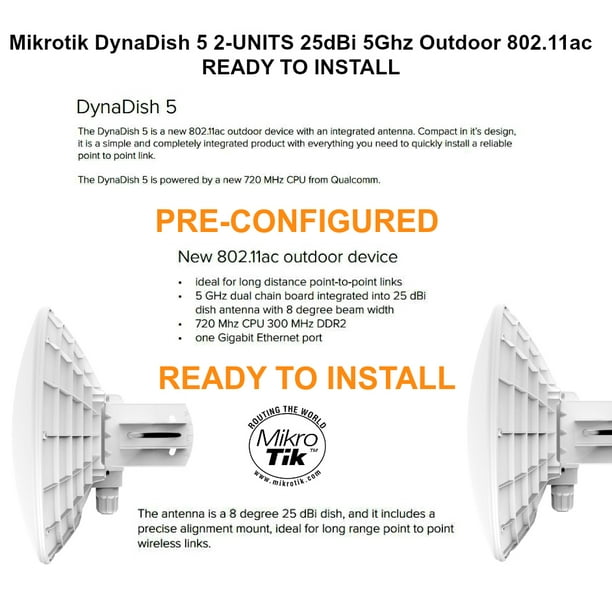 Mikrotik DynaDish 5 2-UNITS READY TO INSTALL 25dBi 5Ghz PTP Outdoor 802 ...