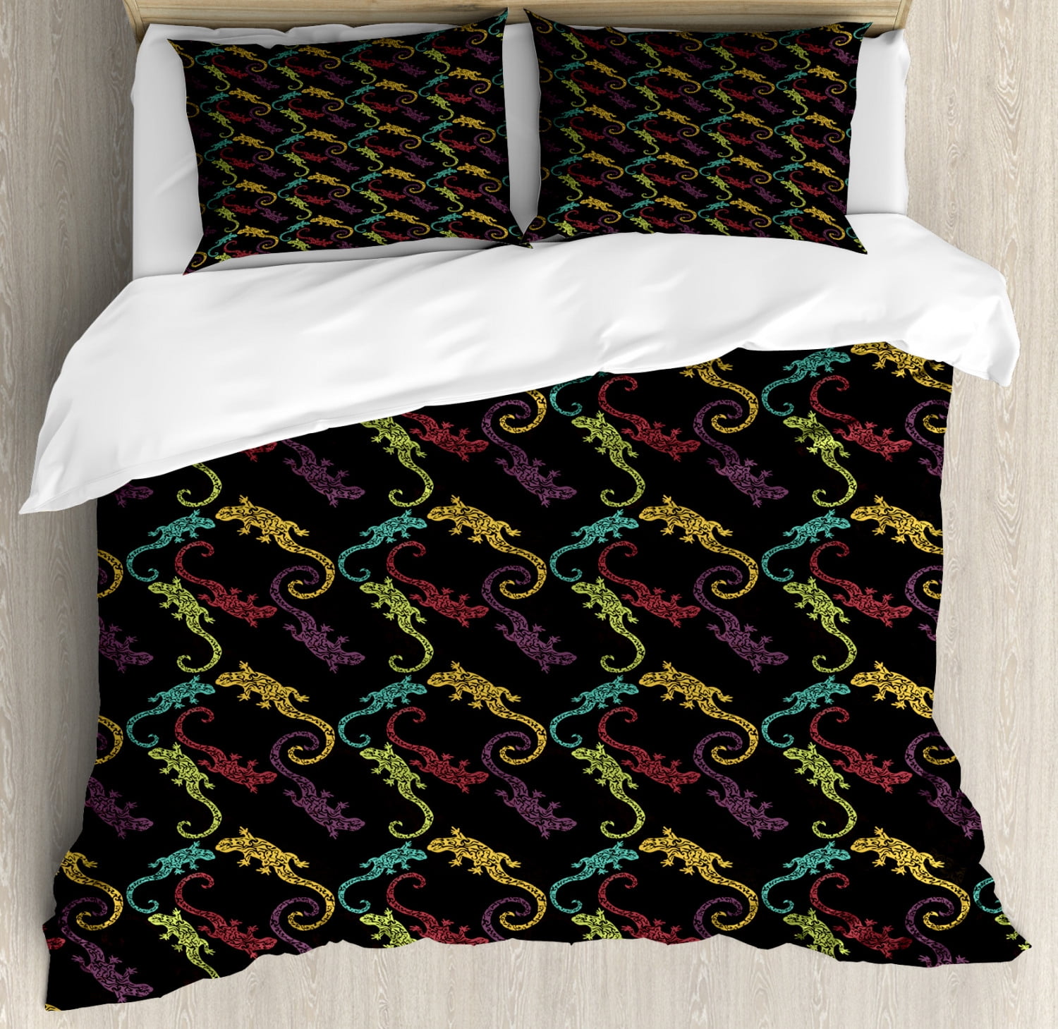 Gecko Duvet Cover Set King Size, Abstract Reptiles Composition of ...