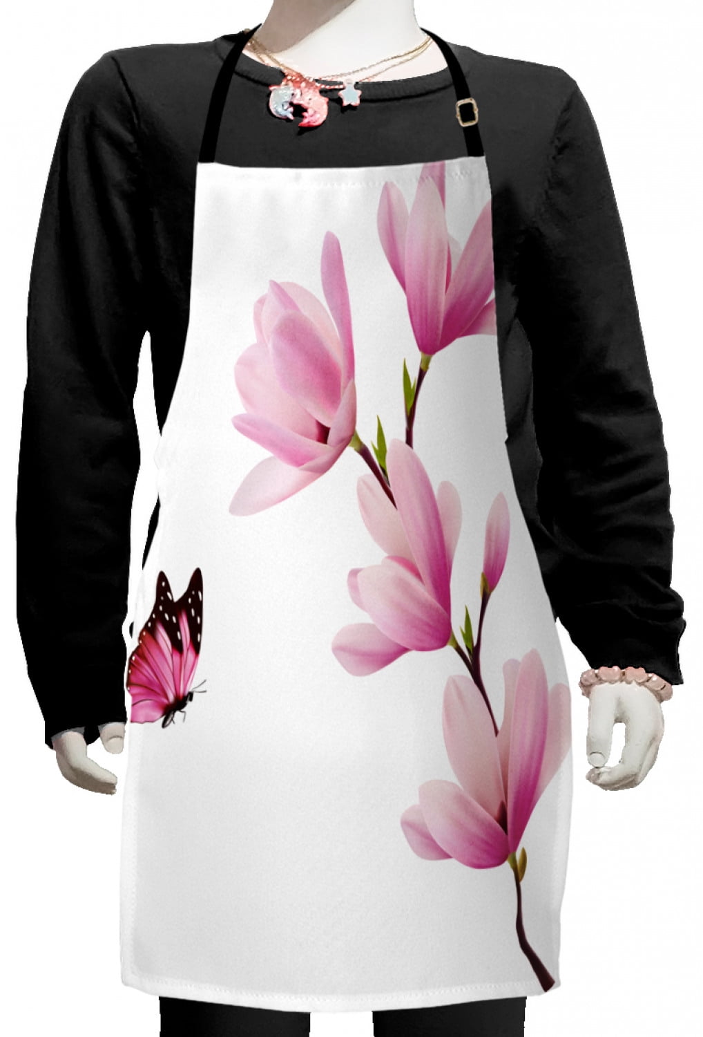 Nature Kids Apron, Blossom Branch of Pink Flowers and Butterflies Fresh ...