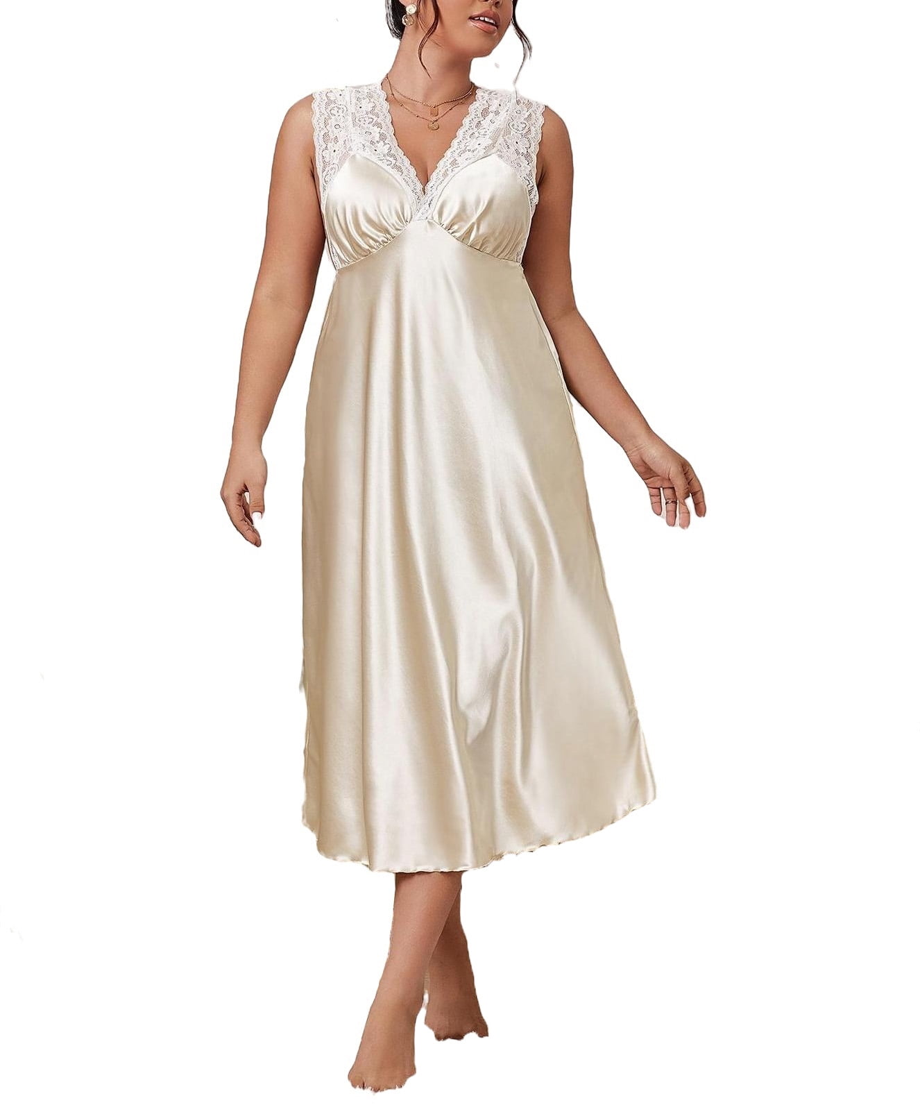 Elegant Plain V Neck Nightgowns Sleeveless Champagne Plus Size Nightgowns And Sleepshirts Womens
