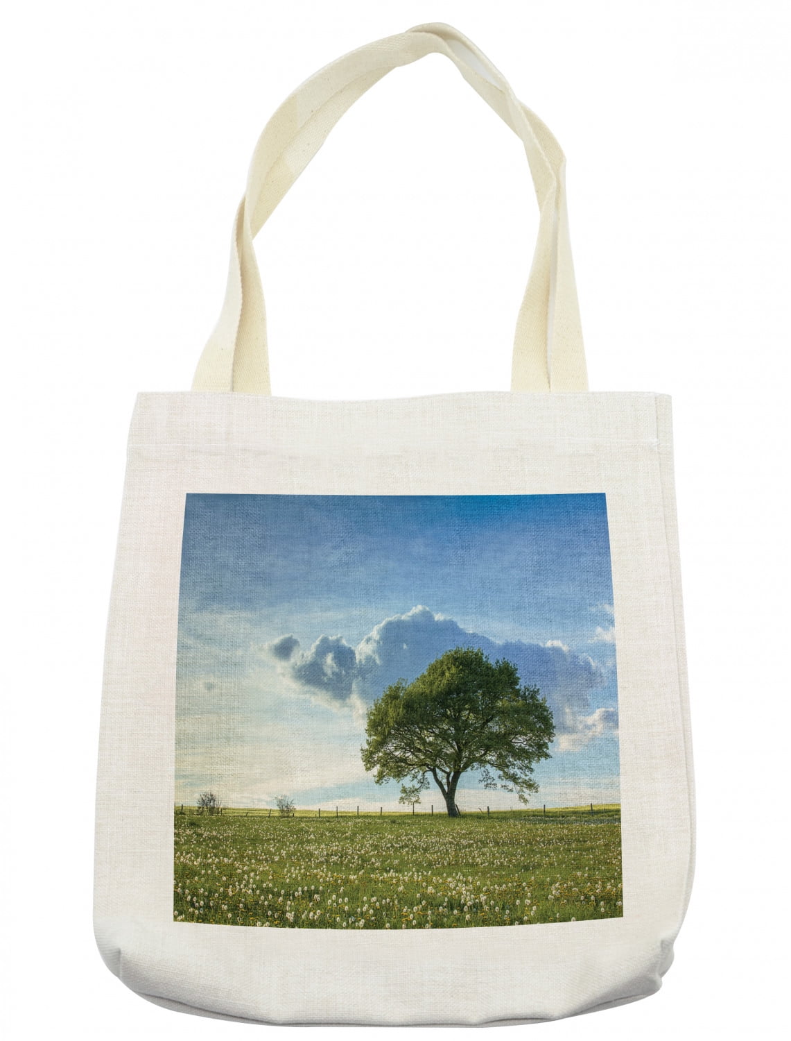Tree Tote Bag, Tree on a Wide Dandelion Flower Field Fluffy Clouds ...