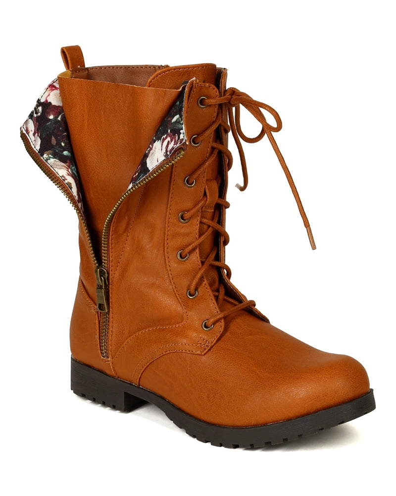 Qupid BD66 Women Leatherette Floral Foldable Military Lace Up Boot ...