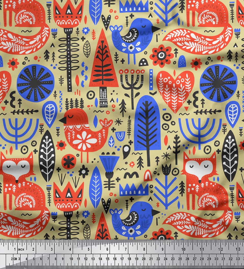 Soimoi Beige Japan Crepe Satin Fabric Tree & Fox Folk Art Printed Craft ...