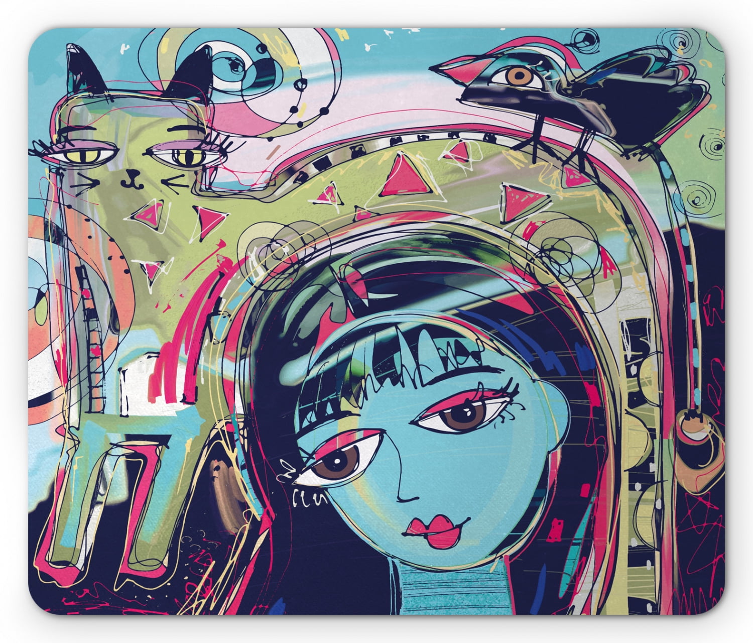 Modern Art Mouse Pad, Funk Style Avatar Woman with Cat on Her Head ...