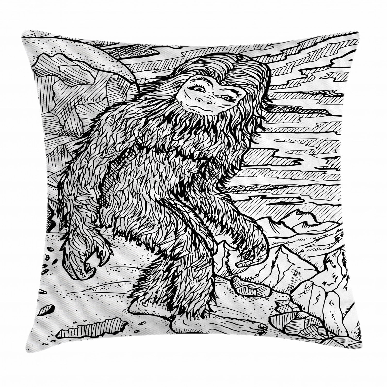 Bigfoot Throw Pillow Cushion Cover, Mythical Creature Snowman Figure on ...