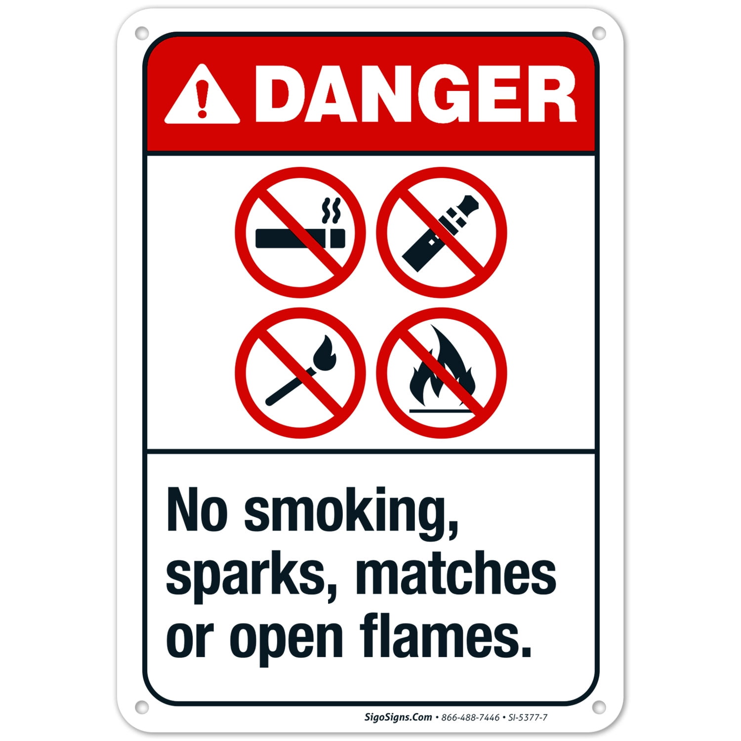 No Smoking, Sparks, Matches Or Open Flames Sign, ANSI Danger Sign ...