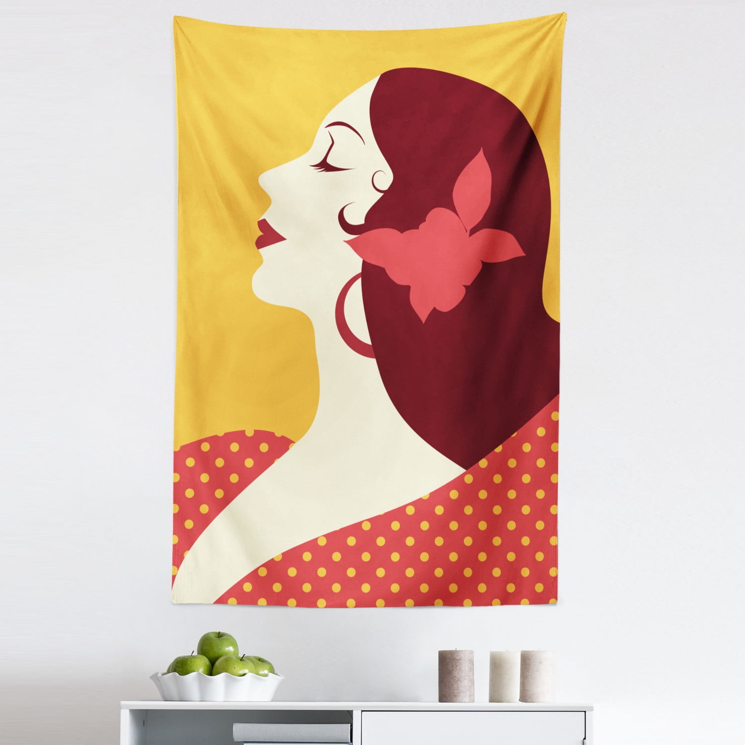 Spanish Tapestry, Flamenco Woman in Retro Polka Dot Dress with Flower ...