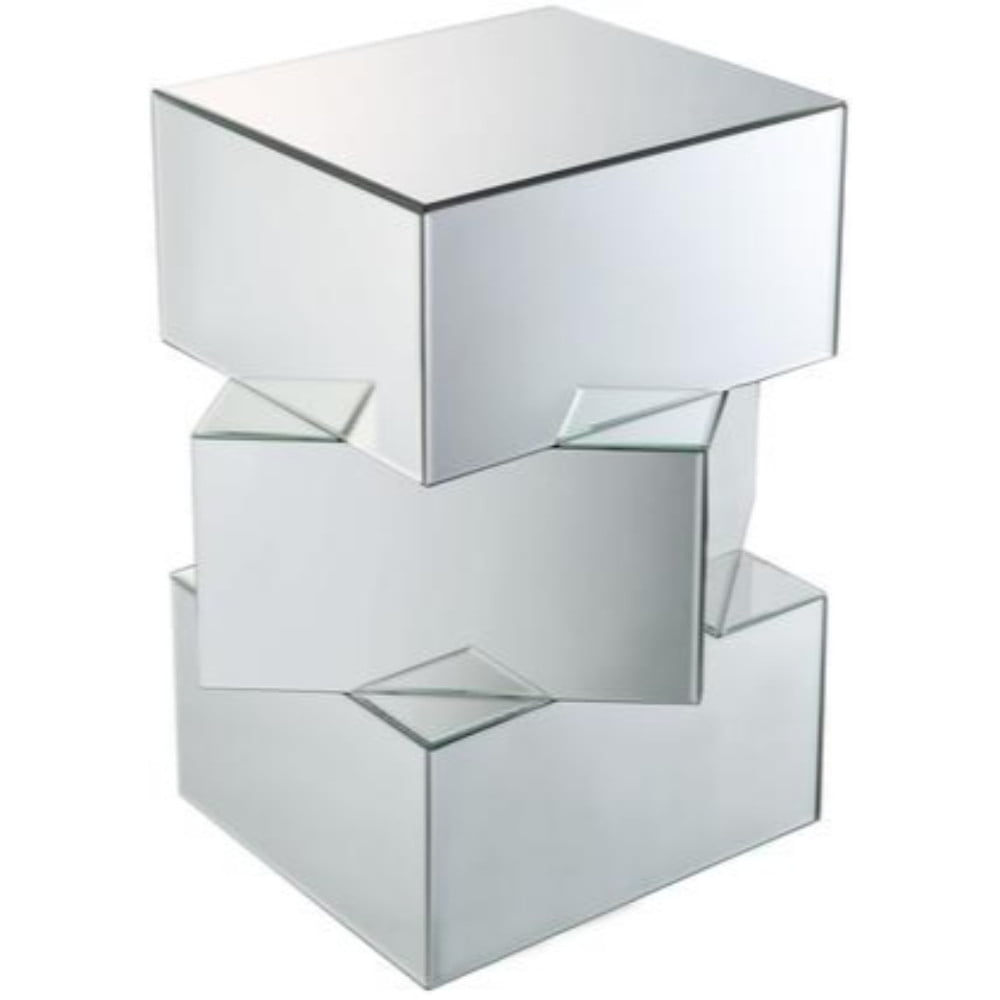 Mirror and Glass End Table with Unique Geometrical Base Design, Silver ...