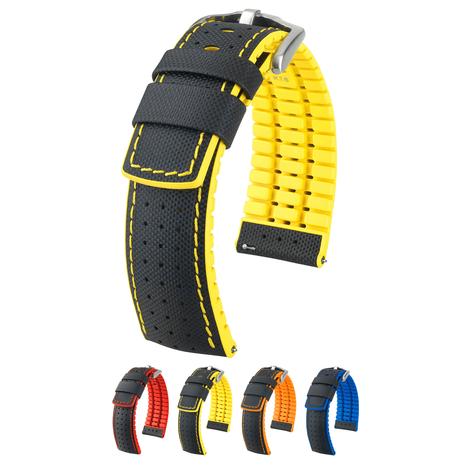 Hirsch Robby Leather & Rubber Watch Strap - Black & Yellow - L - 20mm ...