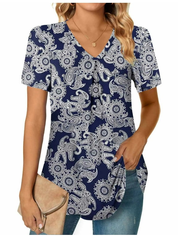 MOSHU Womens T-Shirts V Neck Short Sleeve Loose Tees Tops Casual Print ...