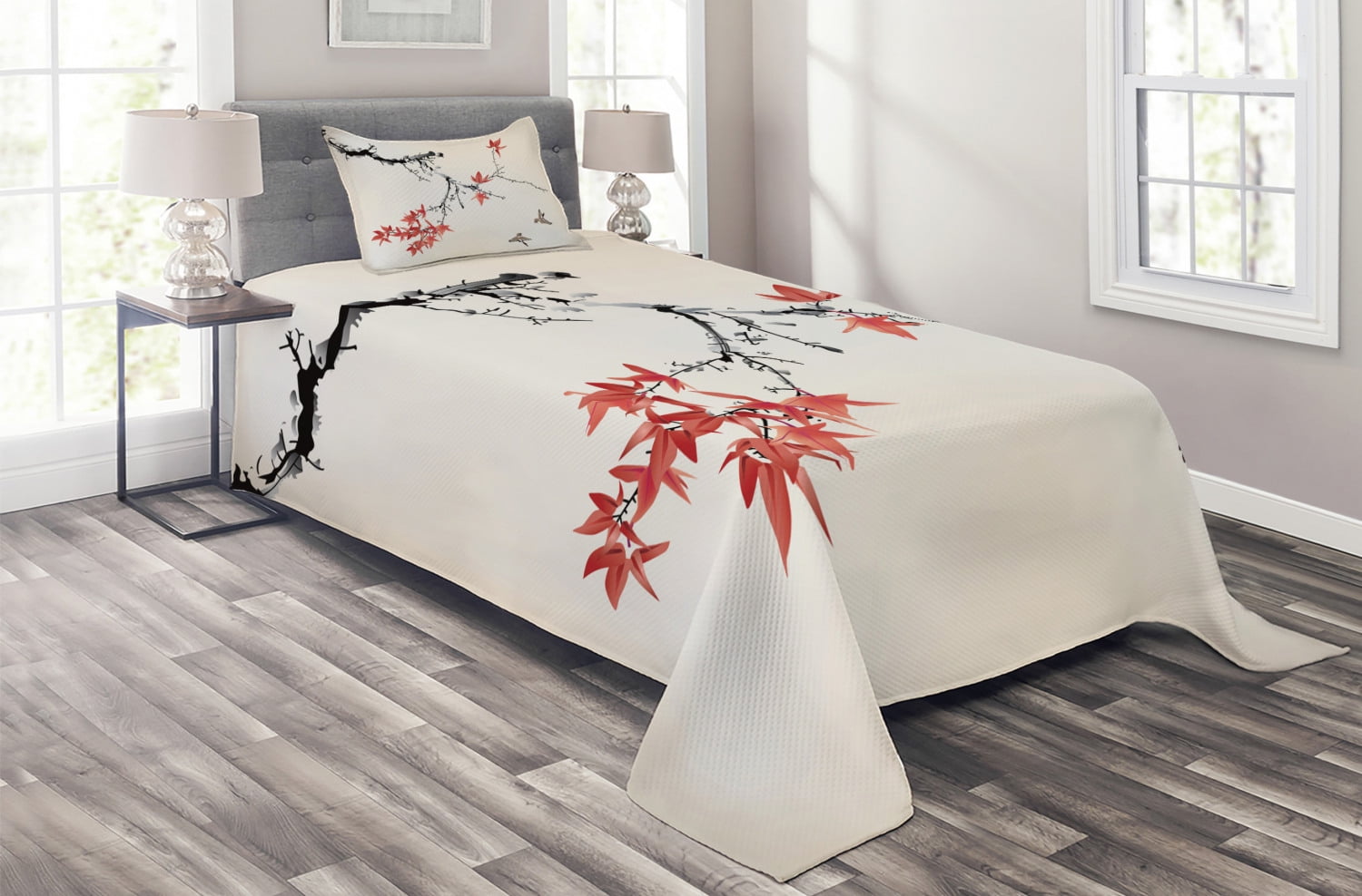 Japanese Coverlet Set Twin Size, Cherry Blossom Sakura Tree Branches ...
