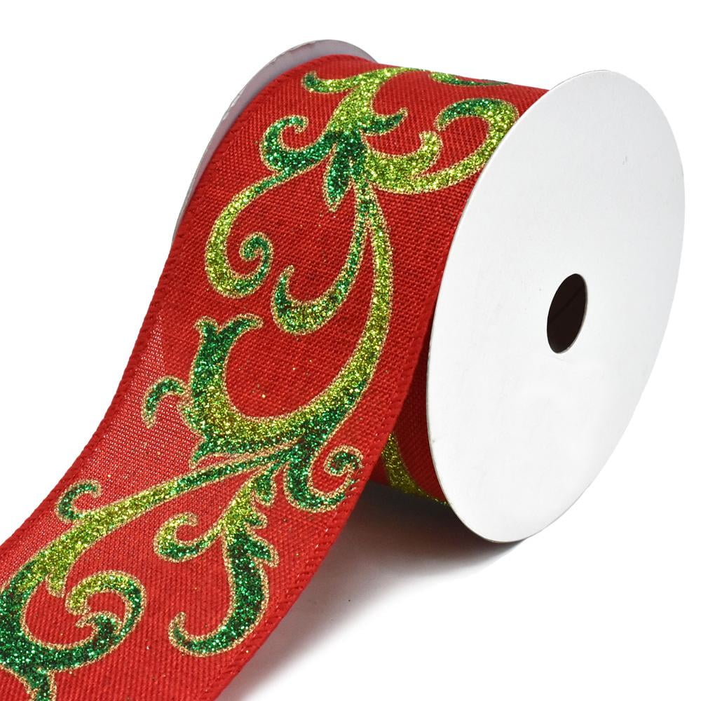 Festive Green Glitter Scroll Wired Linen Christmas Ribbon, Red, 2-1/2 ...