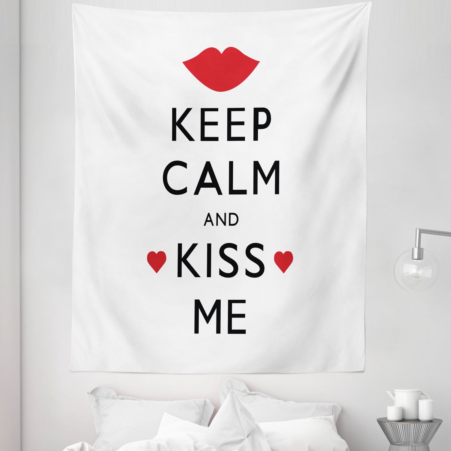 Keep Calm Tapestry, Kiss Me Poster Design with Red Hearts and a Kiss ...