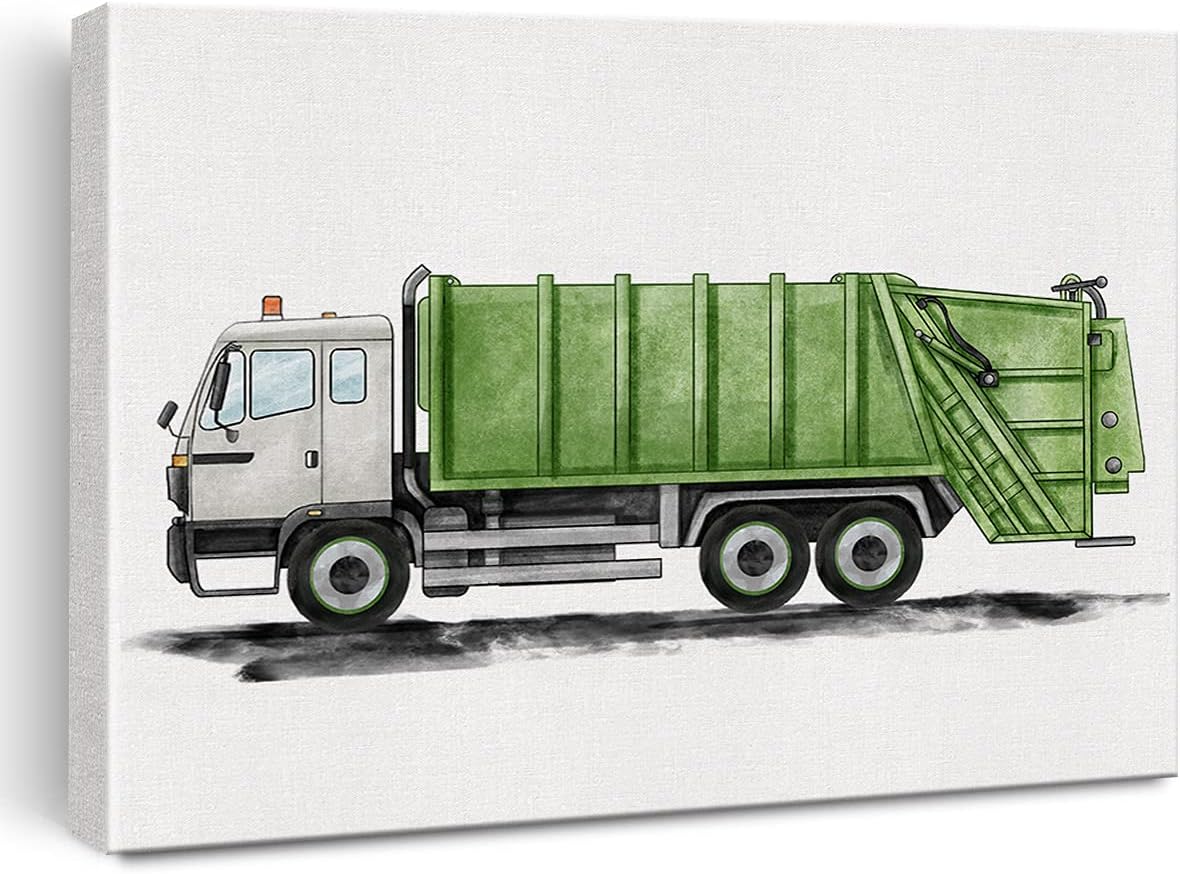 Garbage Truck Canvas Wall Art Watercolor Transportation Vehicles ...