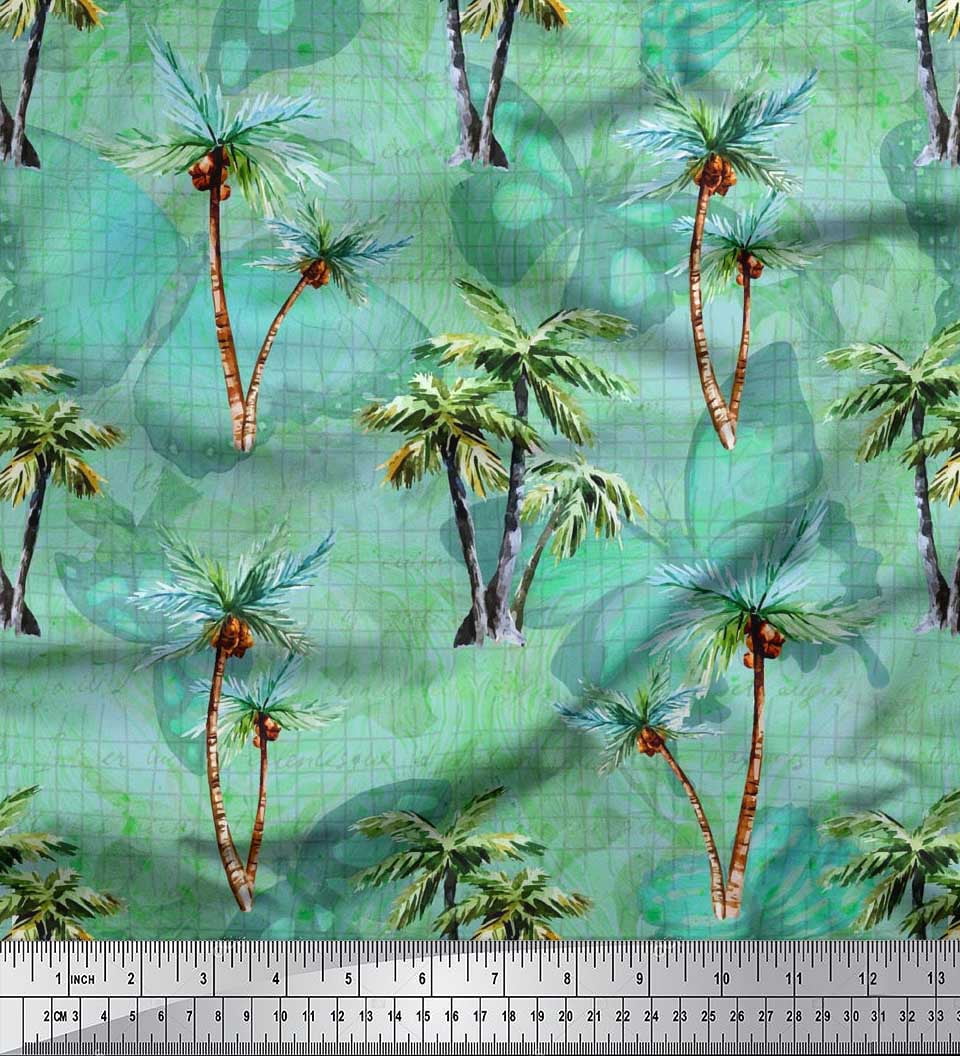 Soimoi Crepe Silk Fabric Check,Text & Coconut Tree Print Fabric by The ...