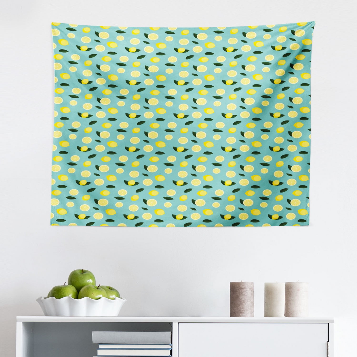 Lemons Tapestry, Continuous Citrus Leaves Flower Blossoms Polygonal ...