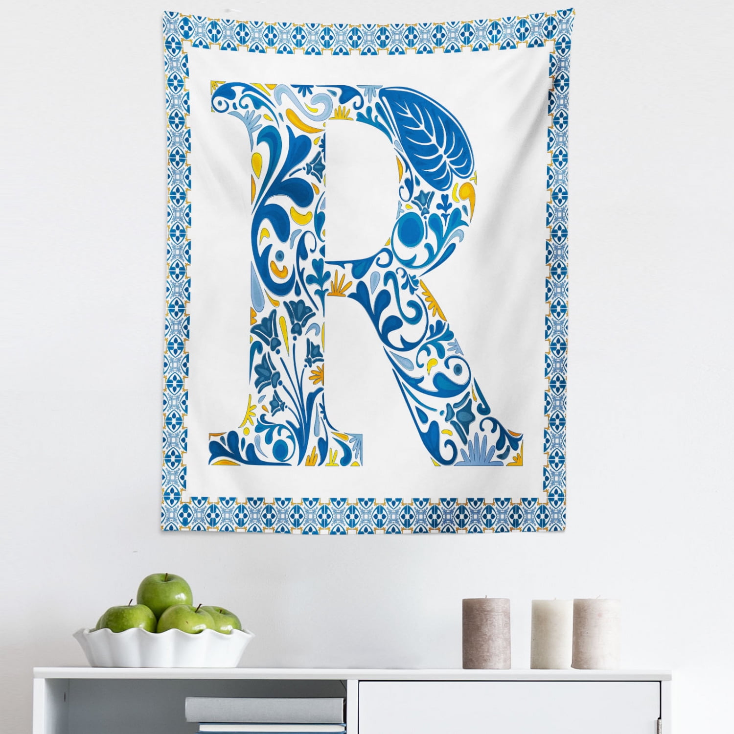 Letter R Tapestry, Curly Blossoms Motifs Letter R Vintage Traditional ...