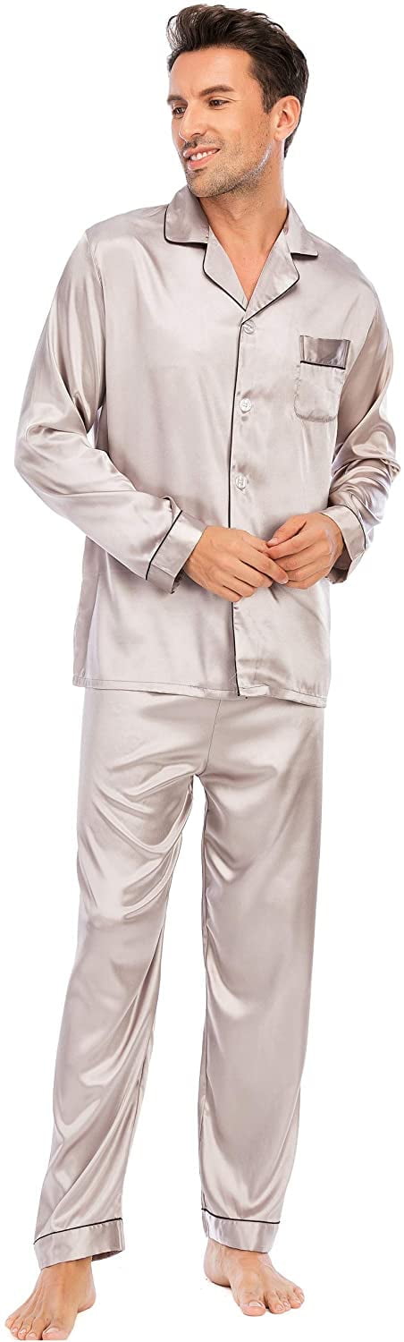 Visland Men's Satin Pajamas Set Long Sleeve Suit Button Solid Color ...