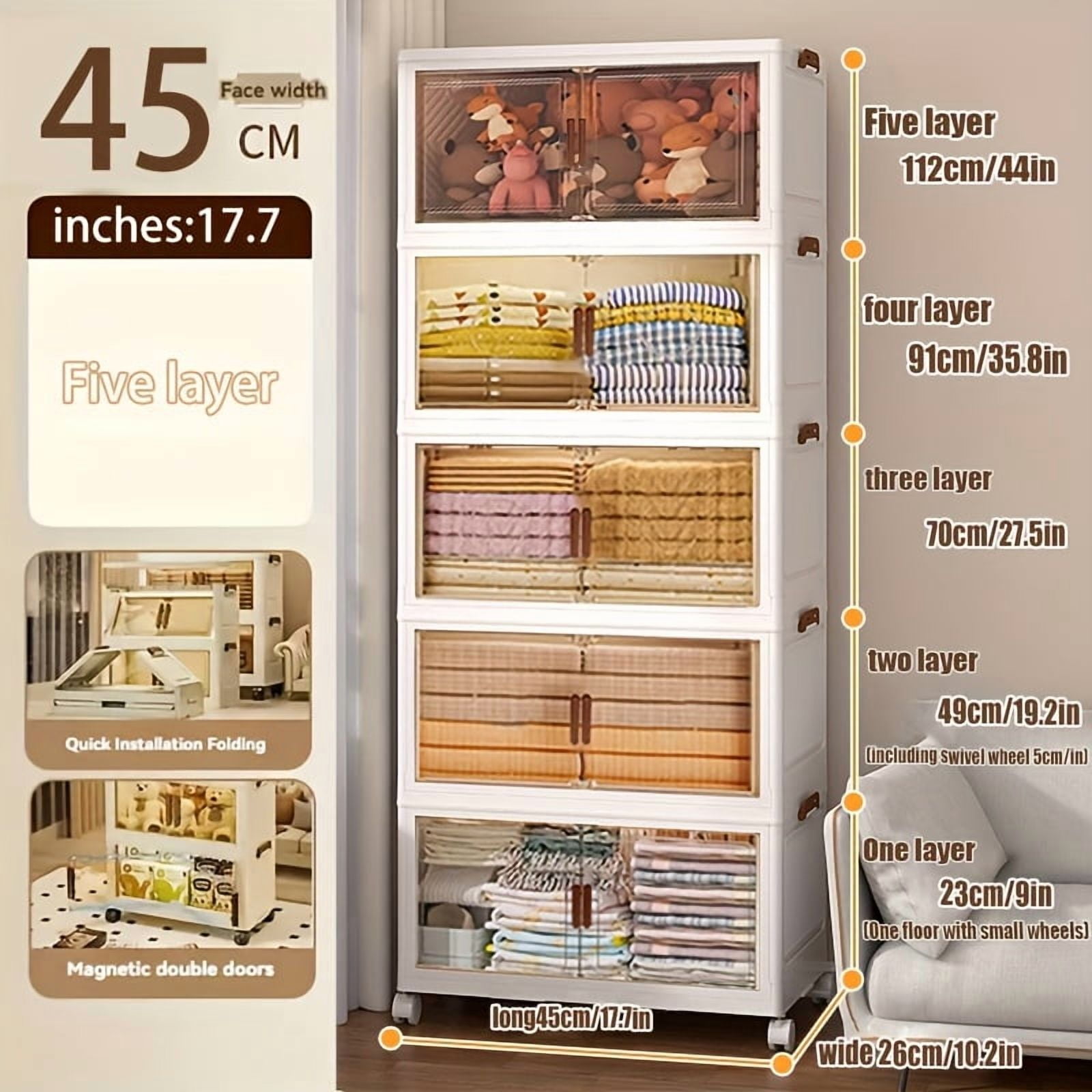 3/4/5-Tier Foldable Storage Cabinet with Double Doors, Wheels & Lid ...