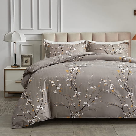 3 Pieces Queen Size Duvet Cover Set, Tan Grey Tree Branch Blossom ...