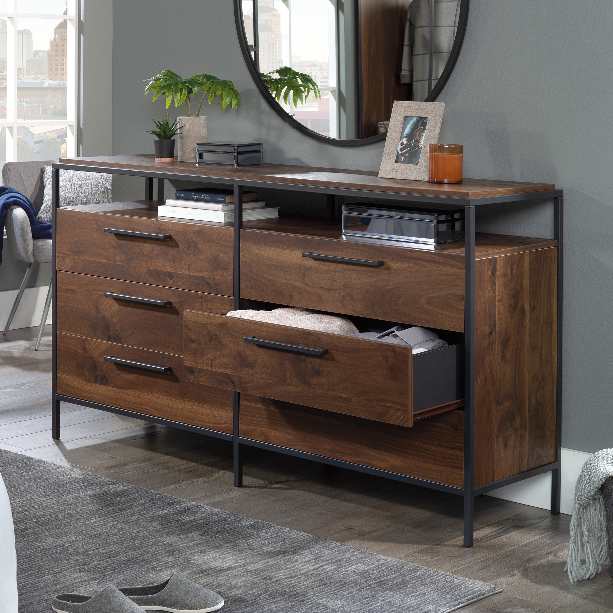 Sauder Nova Loft 6-Drawer Bedroom Dresser with Open Shelf, Grand Walnut ...