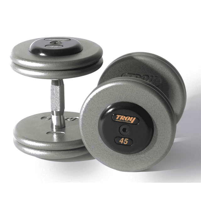 5 - 75 lb. Pro Style Gray Cast Iron Round Dumbbell Set w/ Straight ...