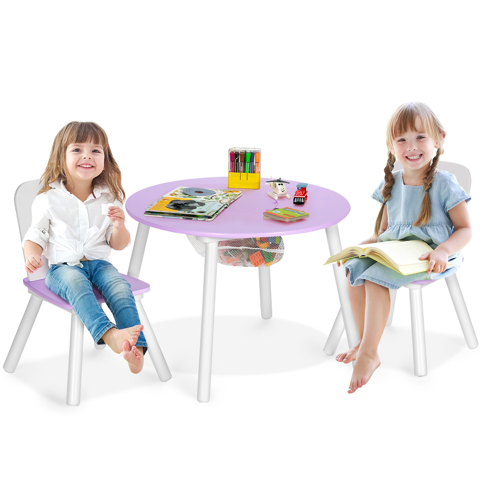 Infans Kids Wooden Round Table & 2 Chair Set w/ Center Mesh Storage ...