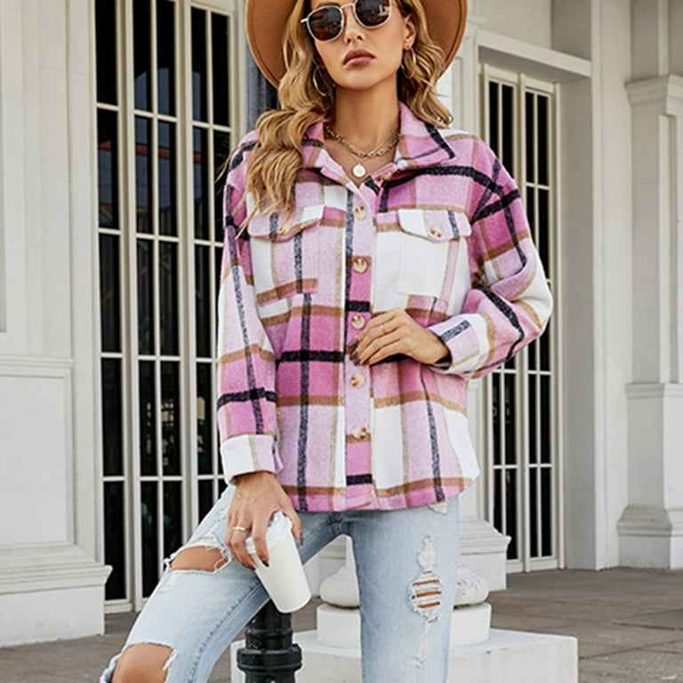 Fanxing 2025 Clearance Women Plaid Shacket Woolen Brushed Fanxing 2025 Clearance Women Plaid Shacket Woolen Brushed