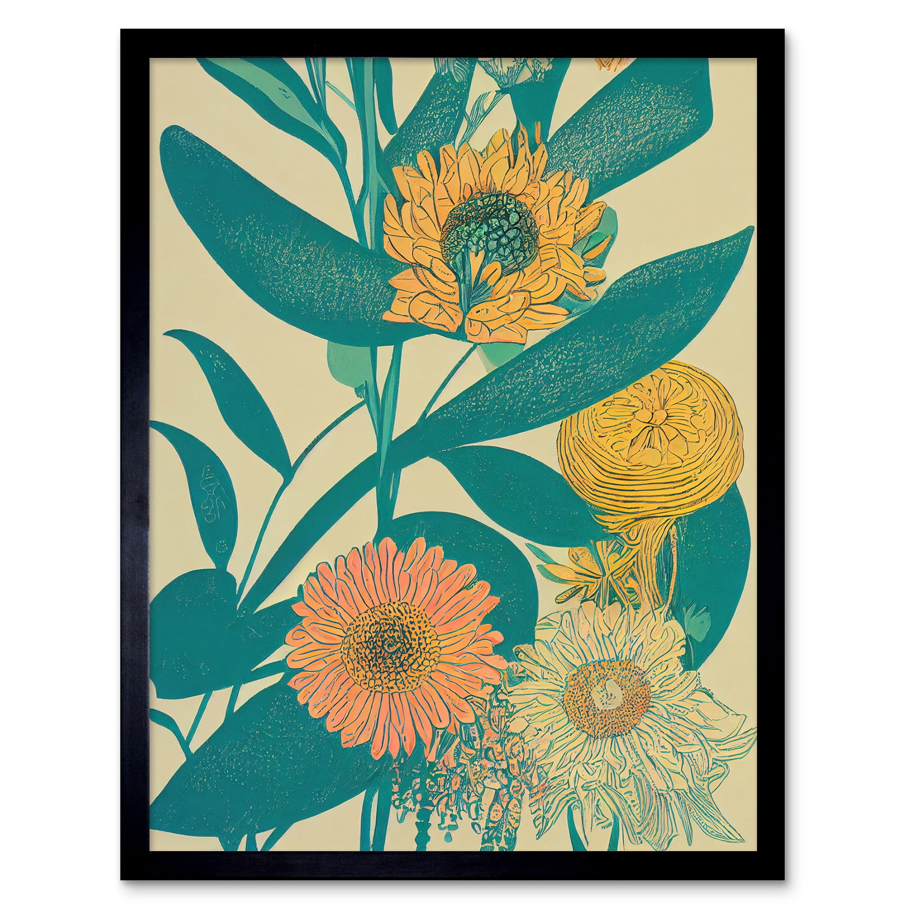 Marigold Daisy Flowers Turquoise Leaves Bright Colourful Abstract Art ...