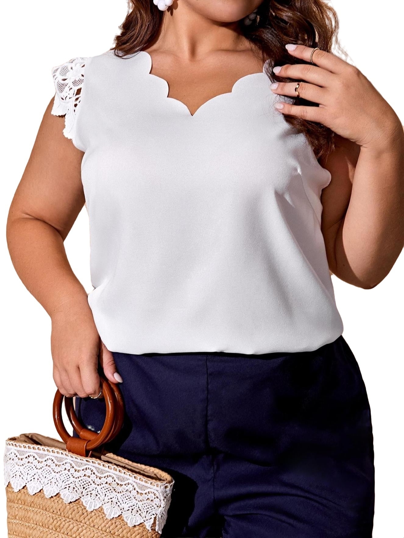 Elegant V Neck Top Sleeveless White Plus Size Blouses Womens