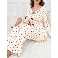 Beige Heart Print V-Neck Bow Trim Long Sleeve Pajama Set Cozy ...