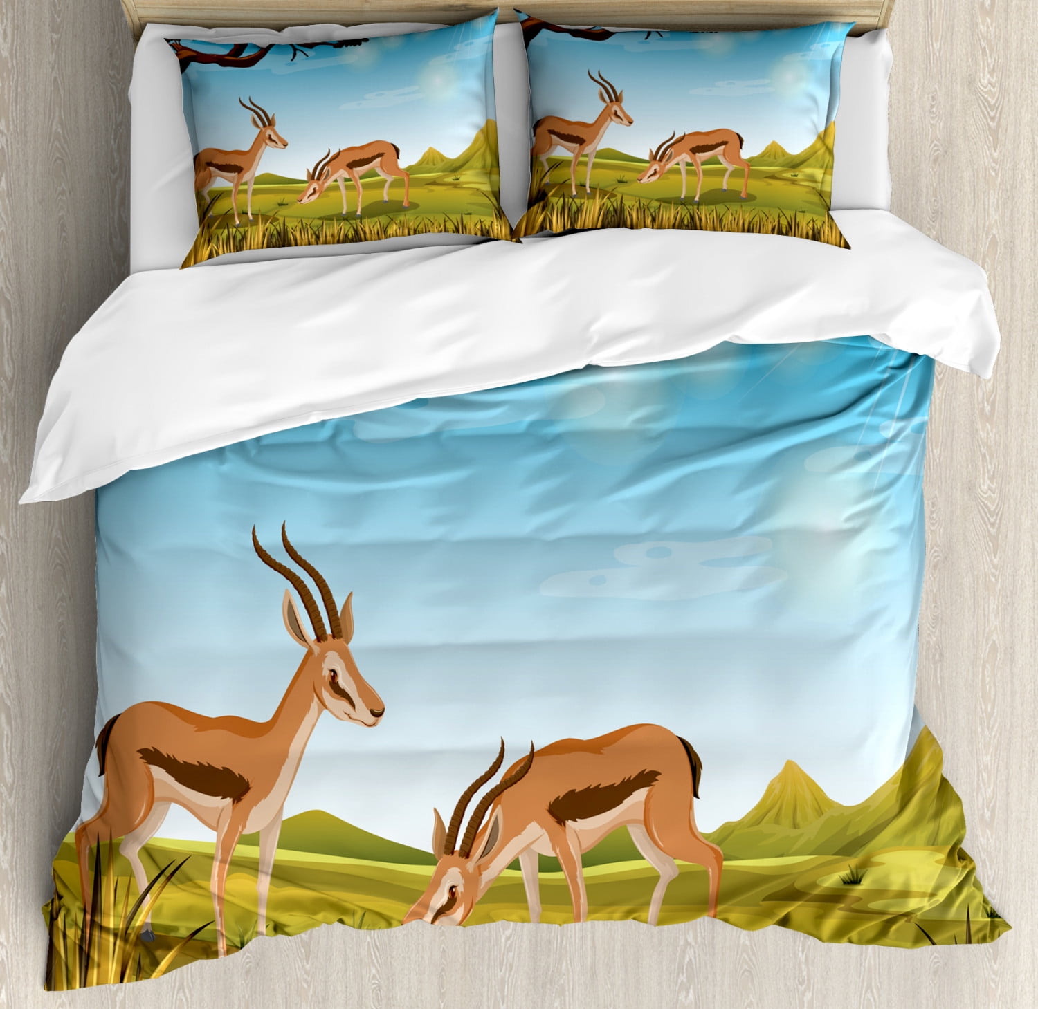 Antelope Duvet Cover Set Queen Size, Cartoon Nature Scene Landscape ...