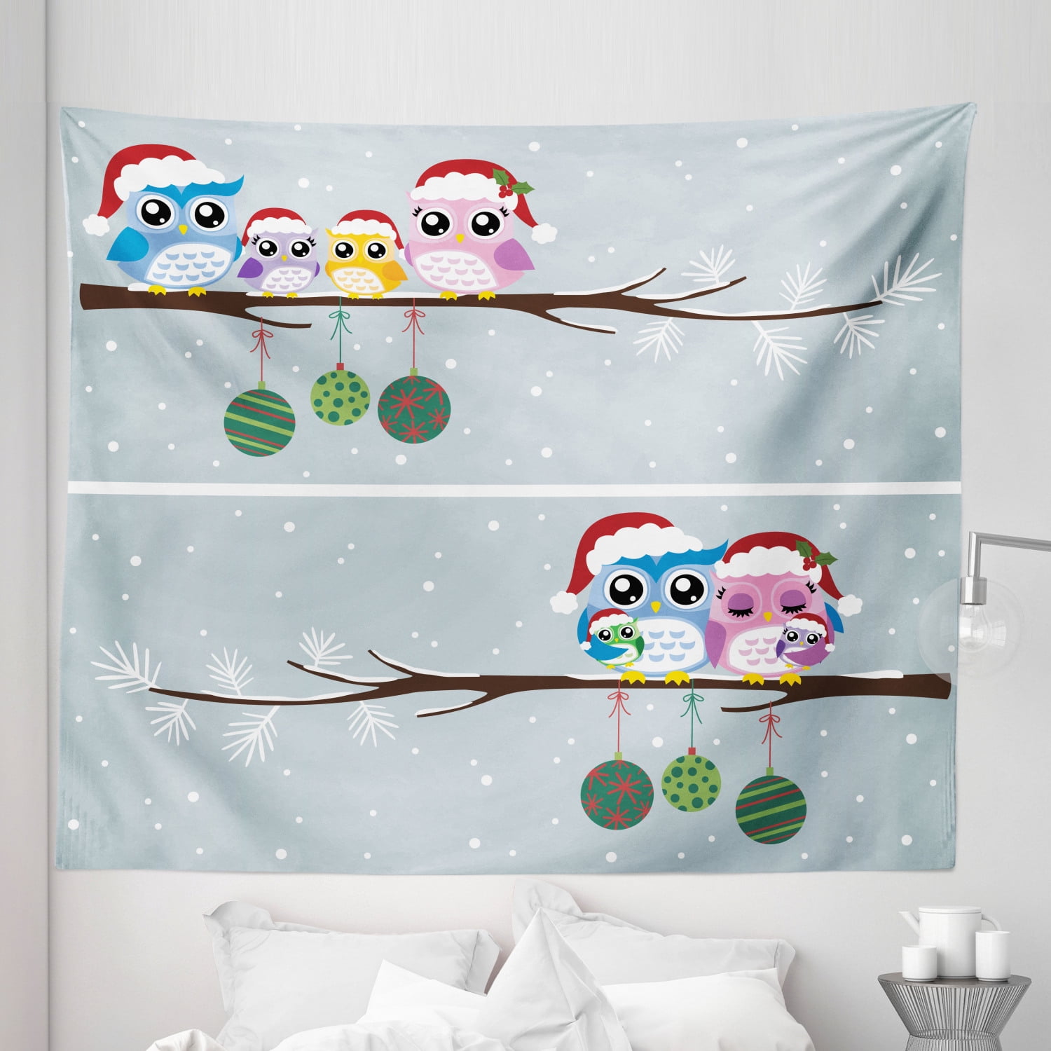 Owl Tapestry, Owl Family on Tree Branch Celebration Holly Jolly Season ...